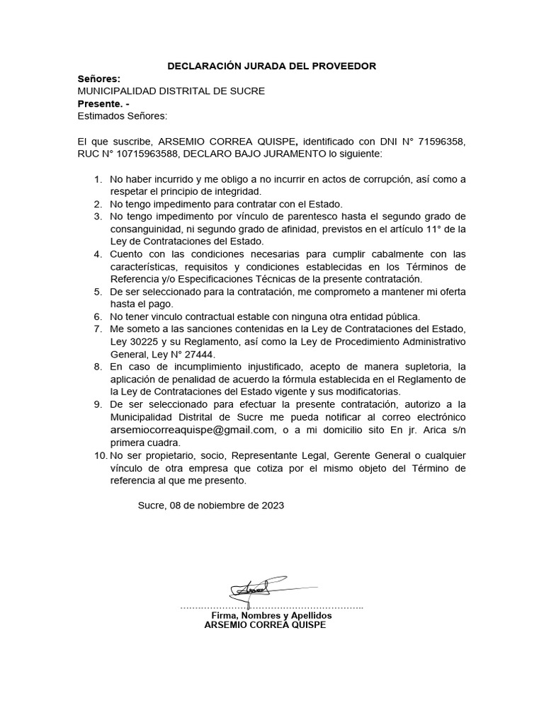 Declaración Jurada Del Proveedor | PDF