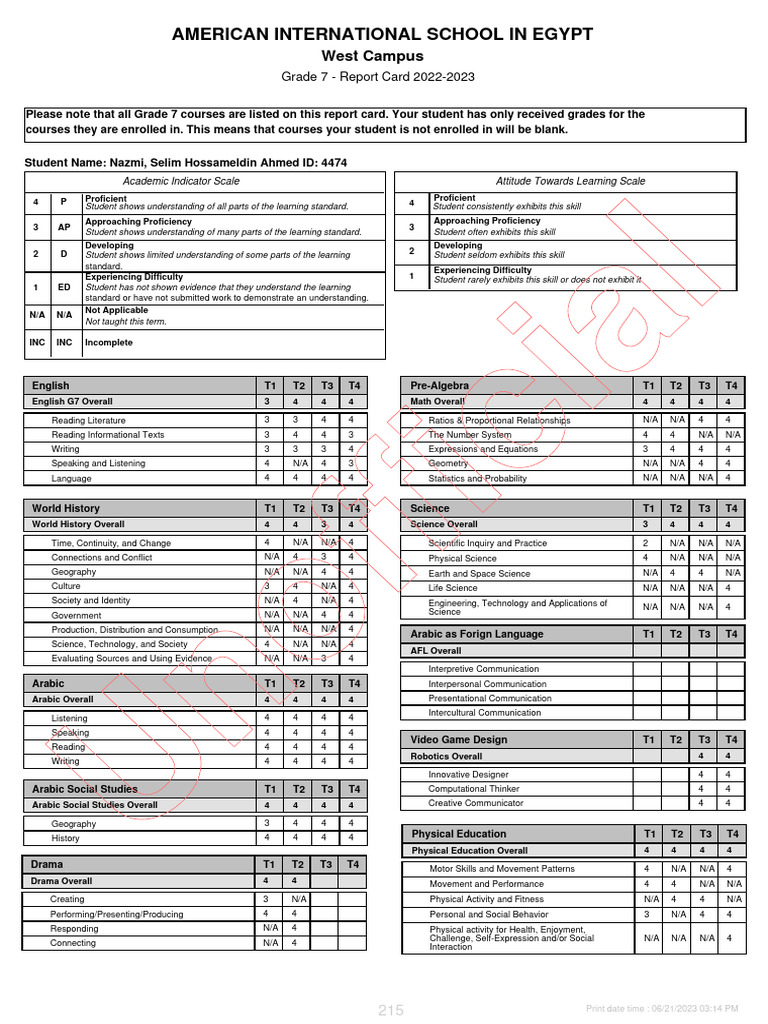 Grade 7 Report Card 2022-2023 | PDF | Science | Communication