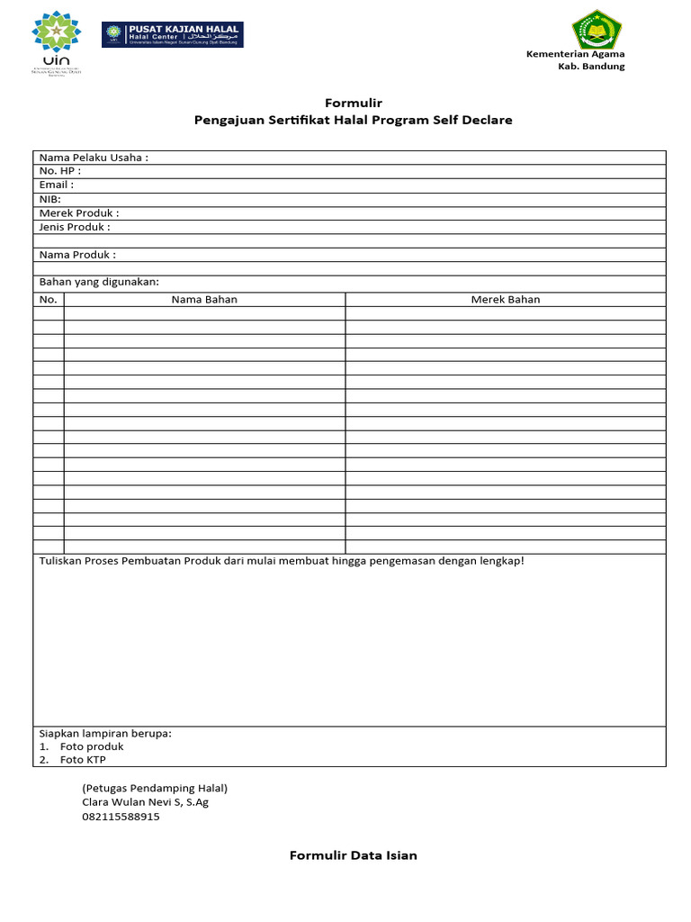 Formulir Pendftaran Sertifikasi Halal Dan NIB | PDF