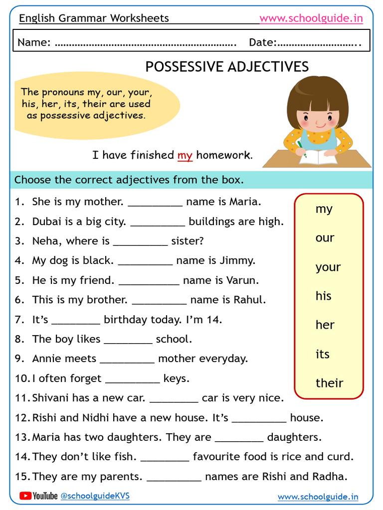 Possessive Adjectives Worksheet 1 | PDF