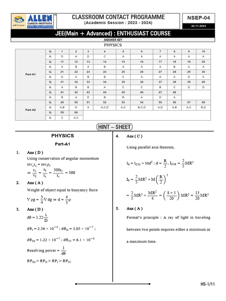 2211 Enthusiast NSEP-04 Answerkey & Solution | PDF