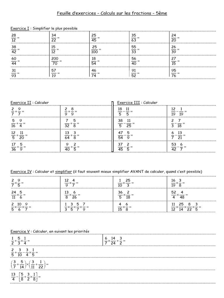 Exos - Calculs Sur Les Fractions - 5eme | PDF