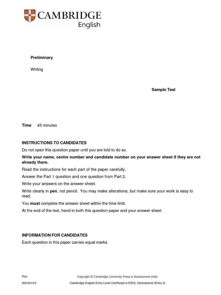 B1 Preliminary 2022 Sample Writing - Question Paper | PDF