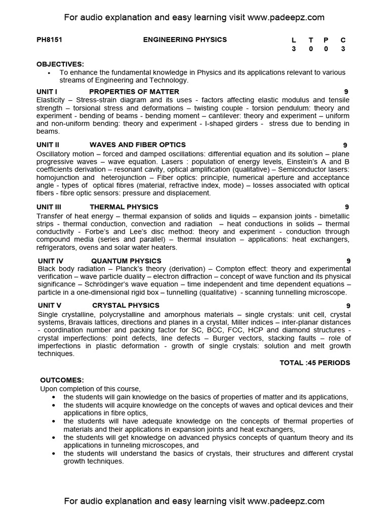 PH8151 Engineering Physics Syllabus | PDF | Optics | Bending