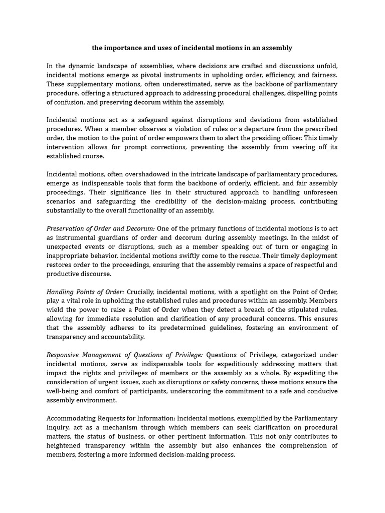 The Importance and Uses of Incidental Motions in An Assembly | PDF
