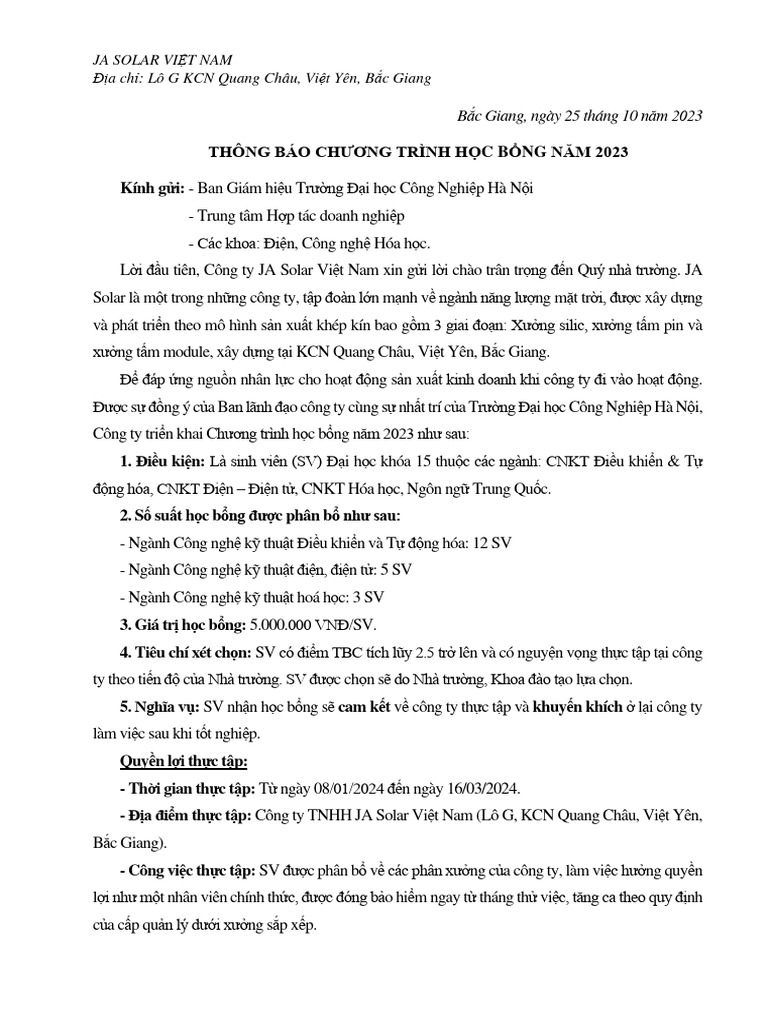 Ja Solar Thong Bao Chuong Trinh Hoc Bong | PDF