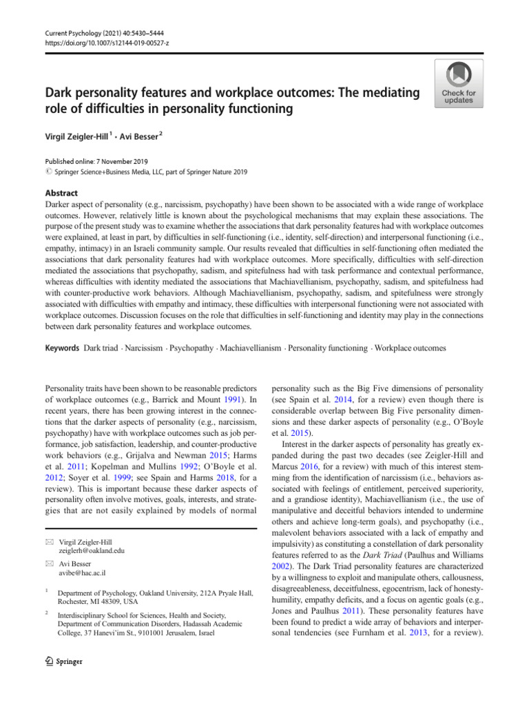 Dark Personality and Workplace Outcomes | PDF | Dark Triad | Psychopathy