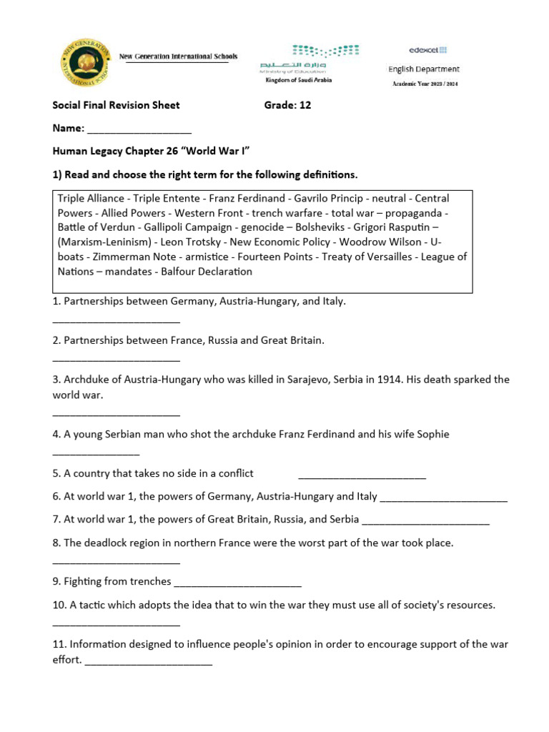 Social Final Revision Sheet | PDF | World War I | Allies Of World War I