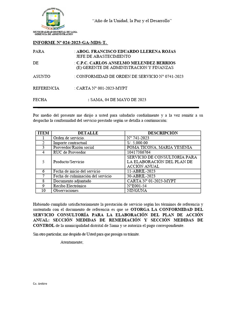 Informe #024-2023 Conformidad de Servicio Maria Poma | PDF