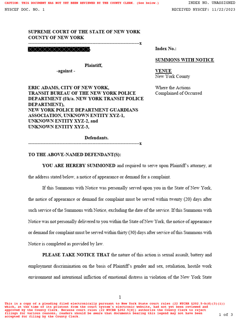 Adult Survivors Act Summons Against Mayor Eric Adams | PDF | Complaint ...