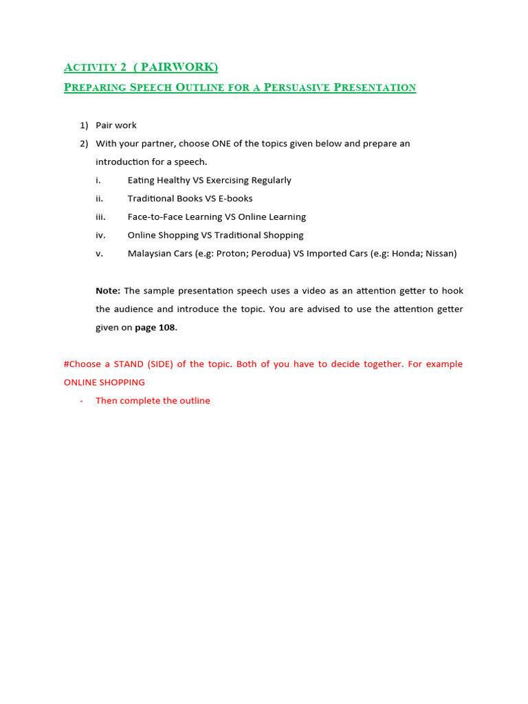 PRESENTATION PRACTICE OUTLINE - Activity 2 | PDF | Human Communication