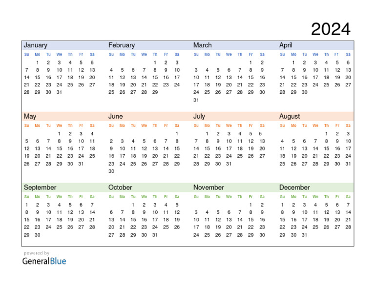 2024 Multi Colored Calendar Sunday Start | PDF