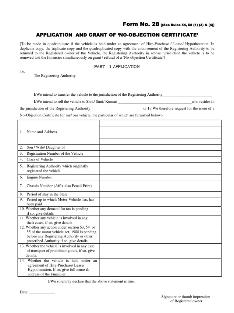 Form 28 - Application For RTO NOC | PDF | Vehicles | Lease