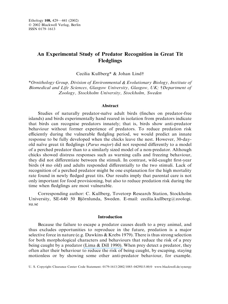 An Experimental Study of Predator Recogn | PDF | Predation | Ethology