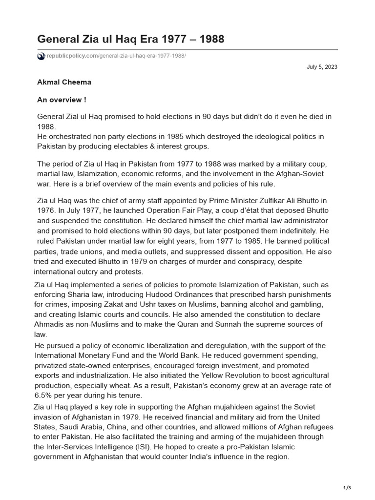 General Zia Ul Haq Era 1977 1988 | PDF | Muhammad Zia Ul Haq | Government