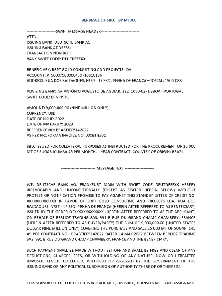 SBLC MT760 Verbiage Overview | PDF | Letter Of Credit | Banks