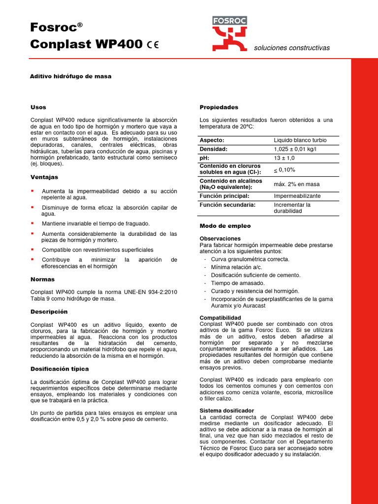 TDS Conplast WP400 230804 | PDF | Agua | Naturaleza