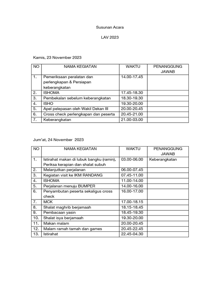 Rundown Lav 2023 Untuk Bus | PDF