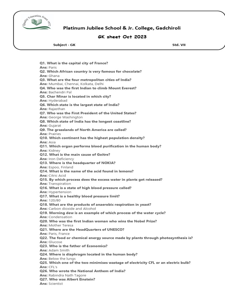 GK Sheet STD 7th A and B | PDF