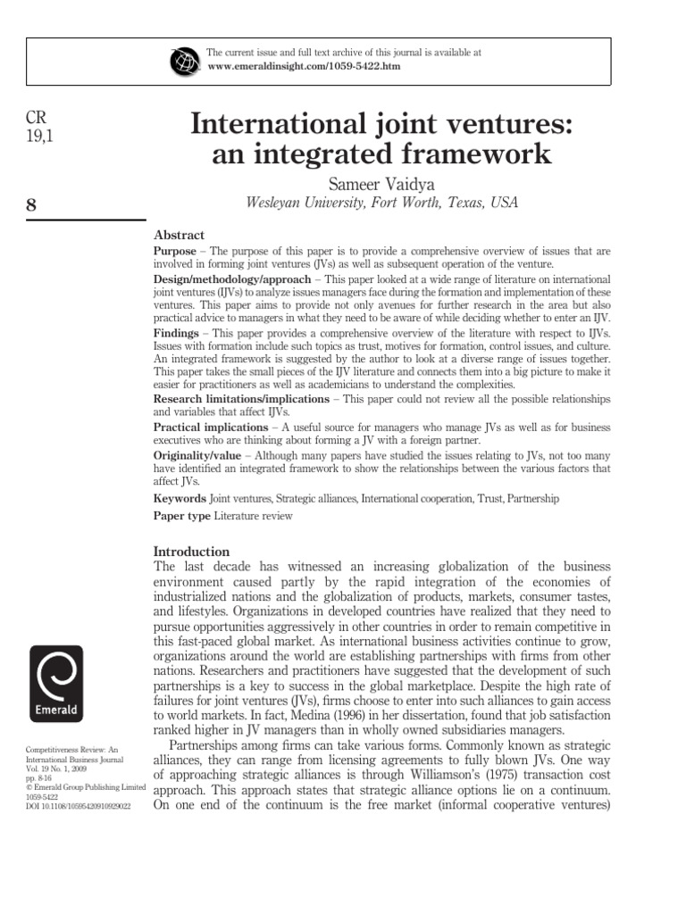 International Joint Ventures: An Integrated Framework: Wesleyan ...