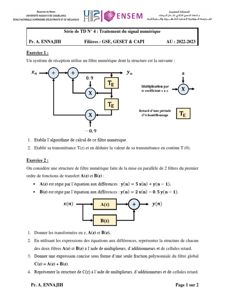 Exercices sur les filtres numériques | PDF | Filtre (électronique ...
