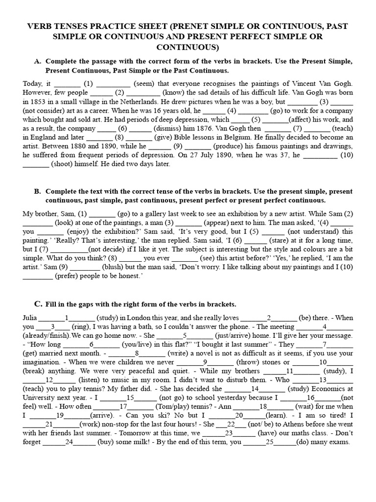 Verb Tenses Practice Sheet 30 10 | PDF | Vincent Van Gogh