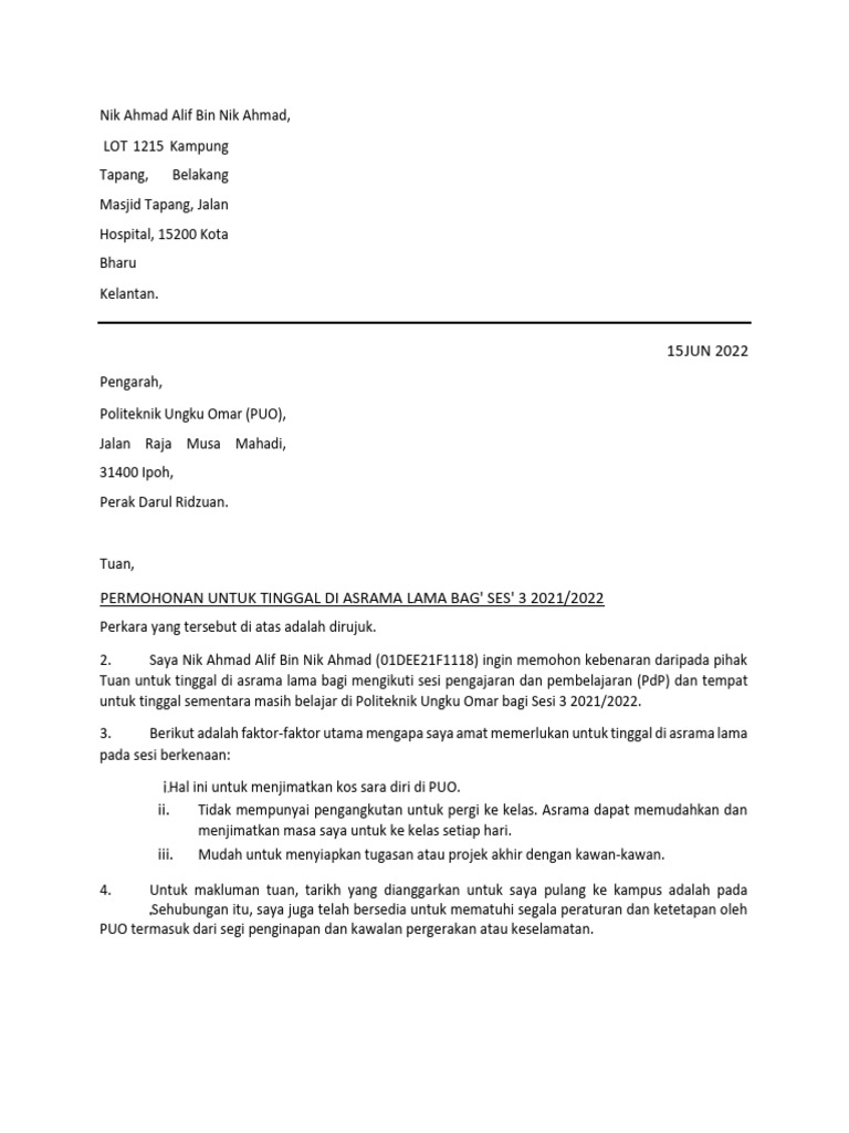 Surat Permohonan Masuk Asrama | PDF