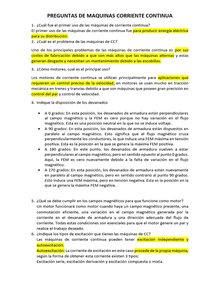 Cuestionarios de Preguntas Maquinas CC y Cuestionario Del | PDF | Inductor | Motor eléctrico