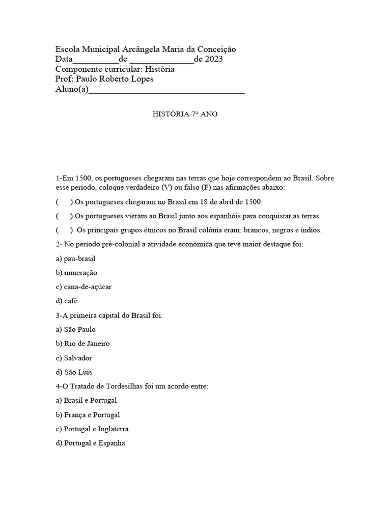 Prova 7 Ano Brasil Colonial | PDF