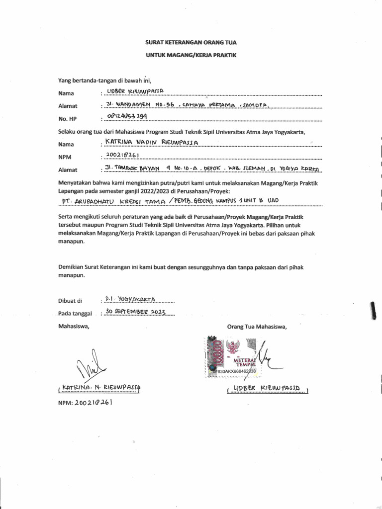 Surat Ijin Orang Tua | PDF Surat Ijin Orang Tua | PDF