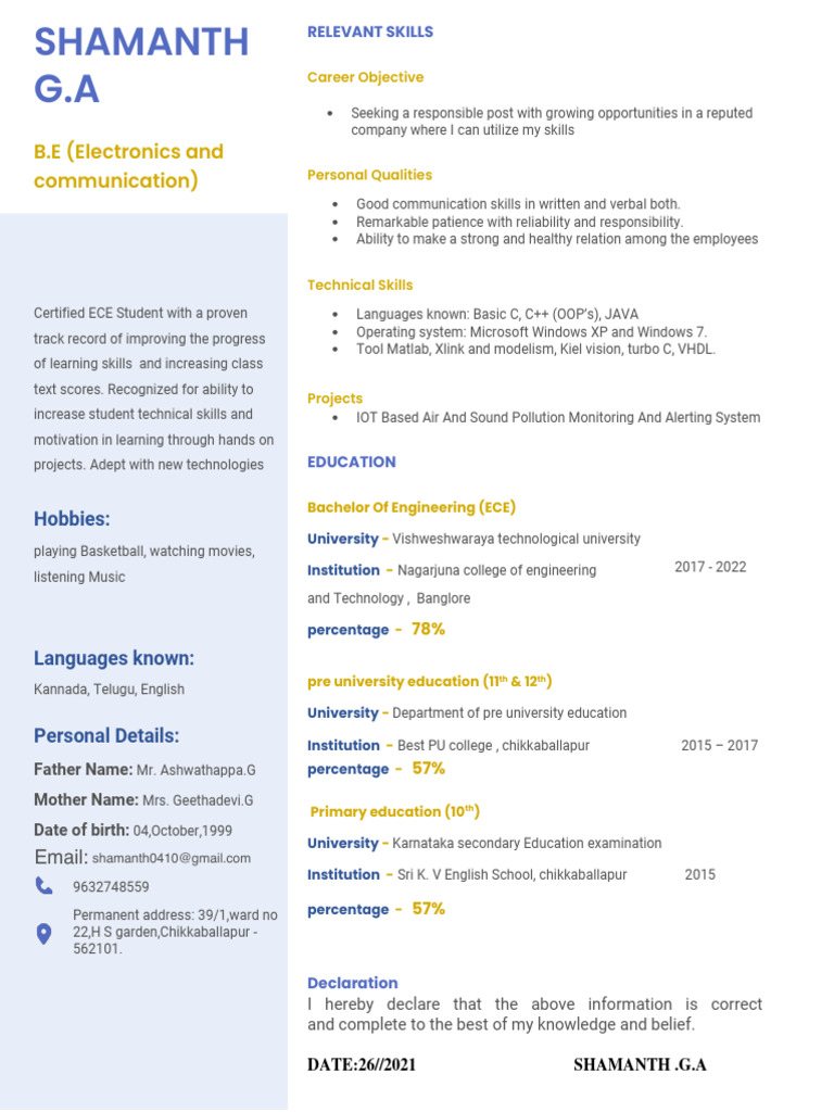Shamanth Resume1-1 | PDF | Computing