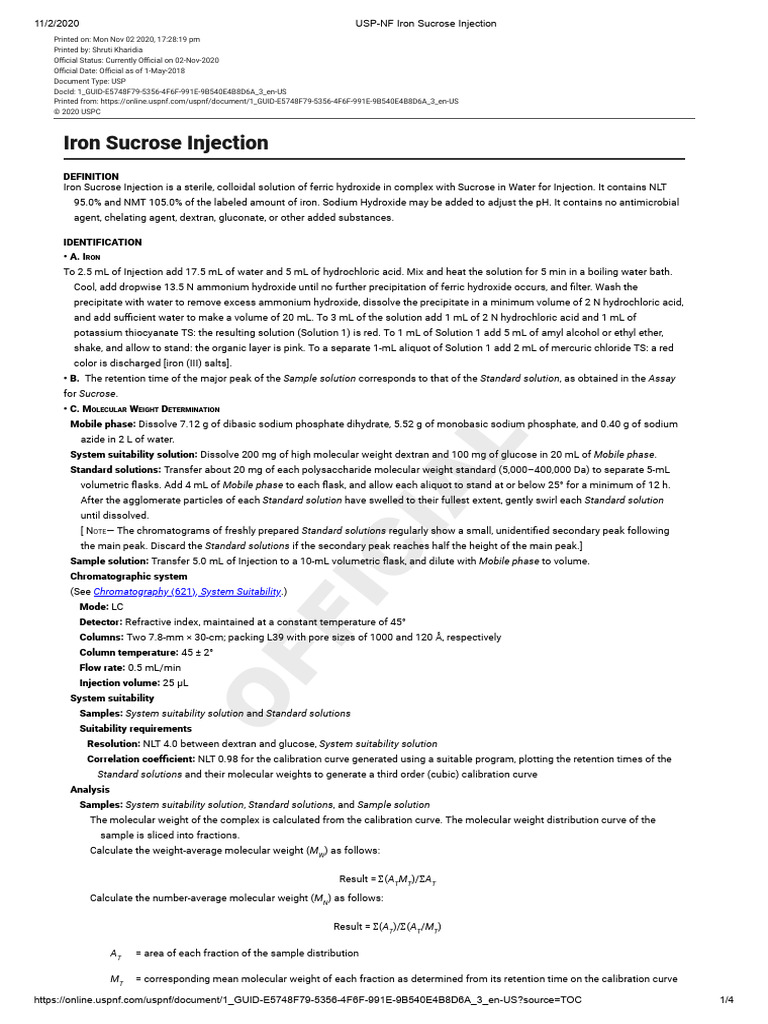 USP Monograph for Iron Sucrose Injection | PDF | Chromatography | Iron