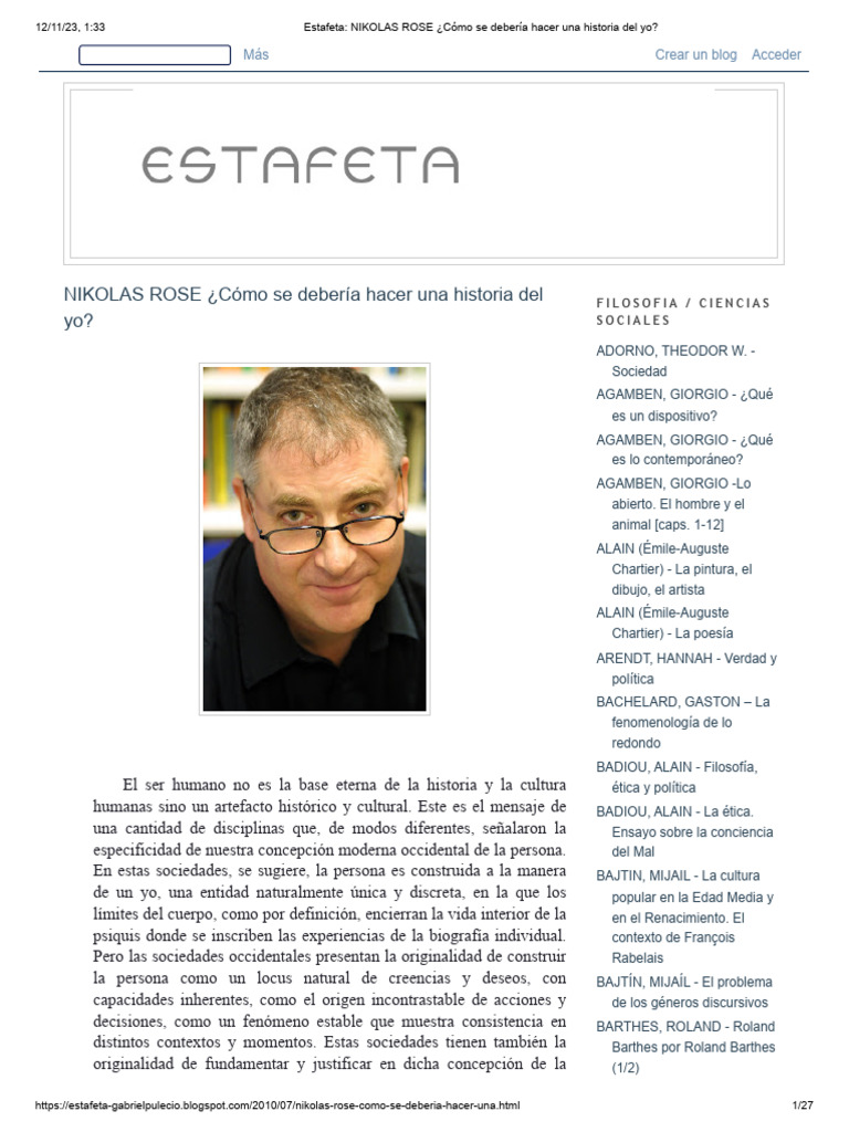 Estafeta - NIKOLAS ROSE ¿Cómo Se Debería Hacer Una Historia Del Yo ...