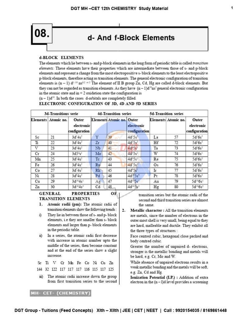 DGT D and F Block Elements | PDF | Transition Metals | Electron Configuration