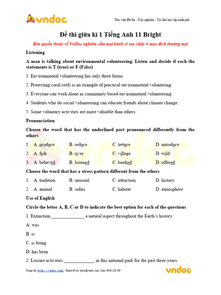 De Thi Giua Ki 1 Tieng Anh 11 Bright | PDF | Adolescence