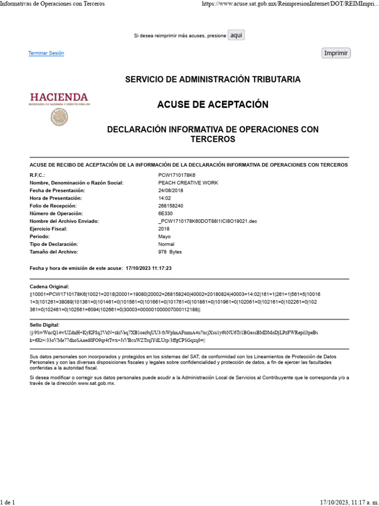 PEACH Acuse de Aceptación DIOT 2018 05 | PDF | Gobierno