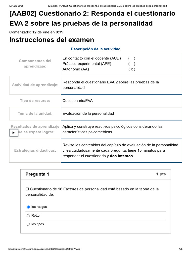 Examen - (AAB02) Cuestionario 2 - Responda El Cuestionario EVA 2 Sobre Las Pruebas de La ...