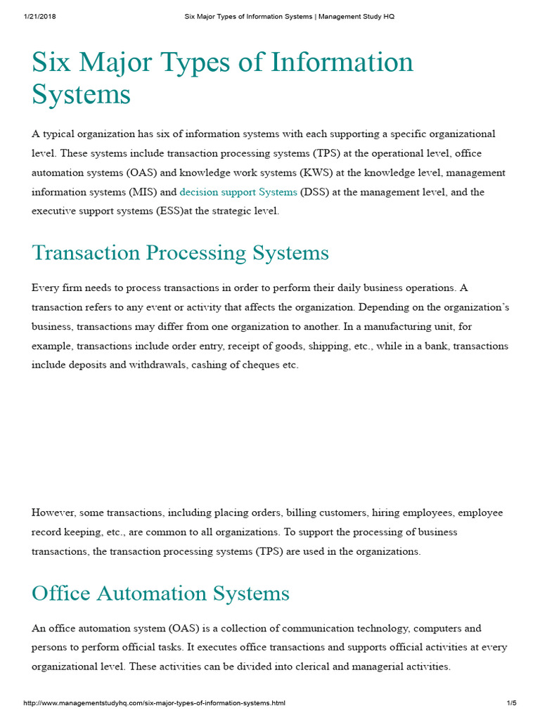 Six Major Types of Information Systems - Management Study HQ | PDF | Decision Support System ...