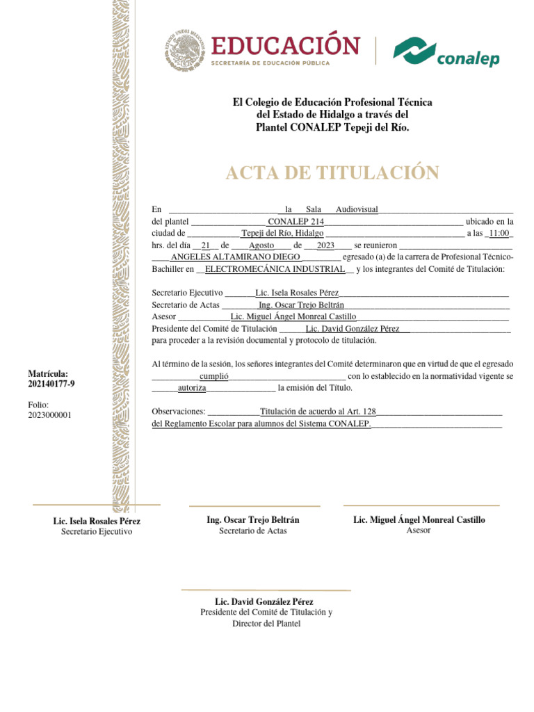 Actas de Titulación CONALEP 2023 | PDF | México | Instituciones ...