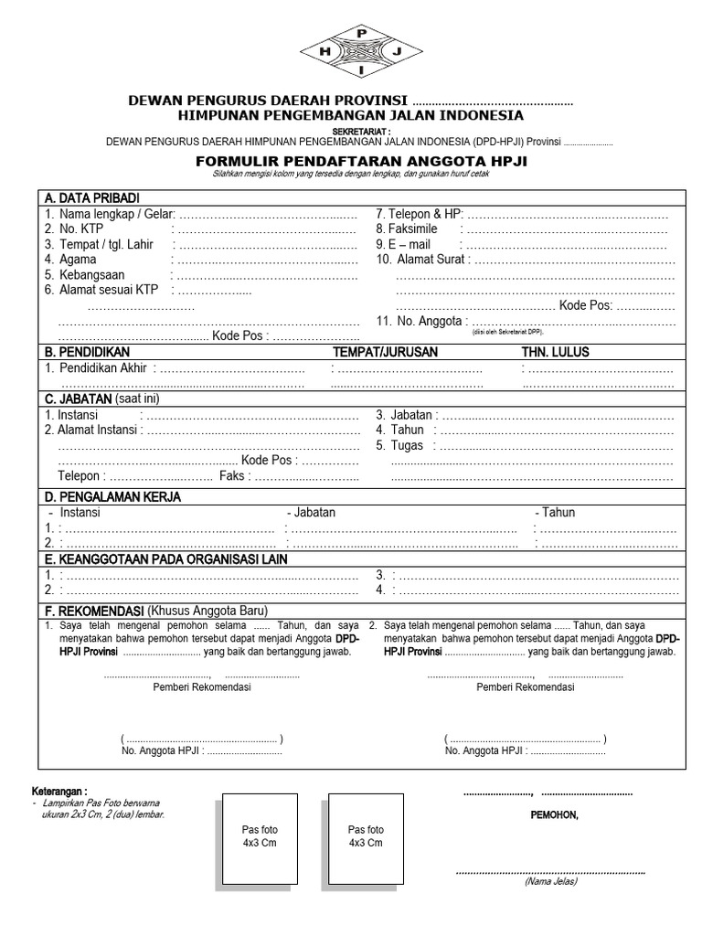 Formulir Pendaftaran Anggota HPJI | PDF