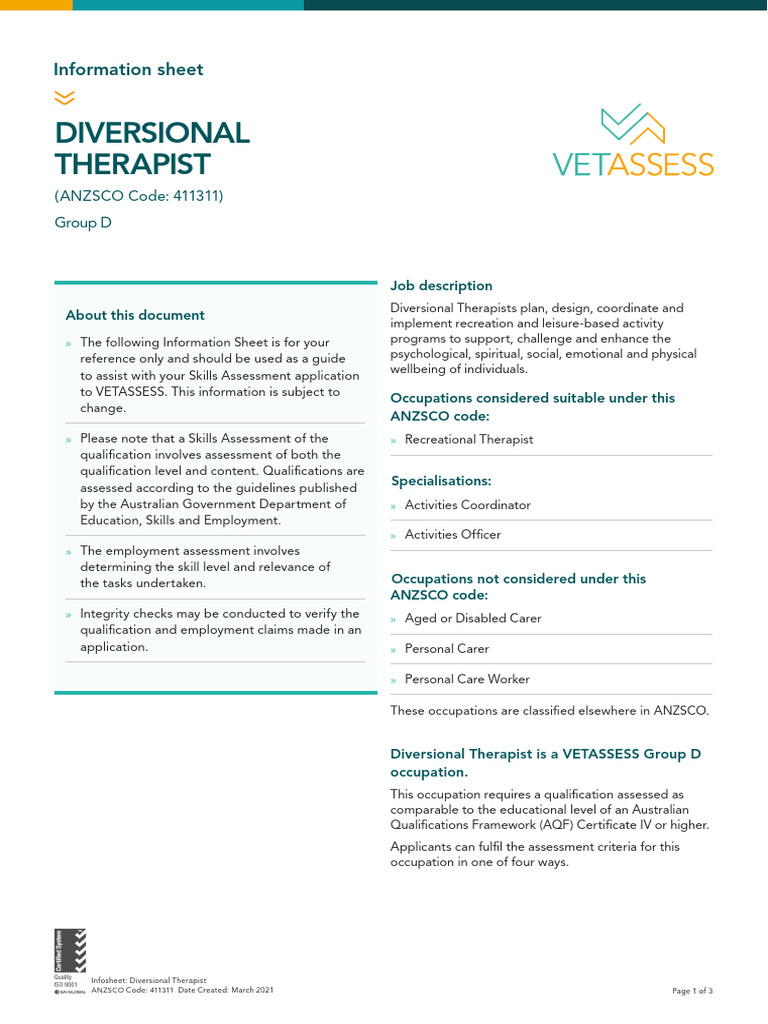 SRGO Infosheet - Diversional-Therapist | PDF | Health Care