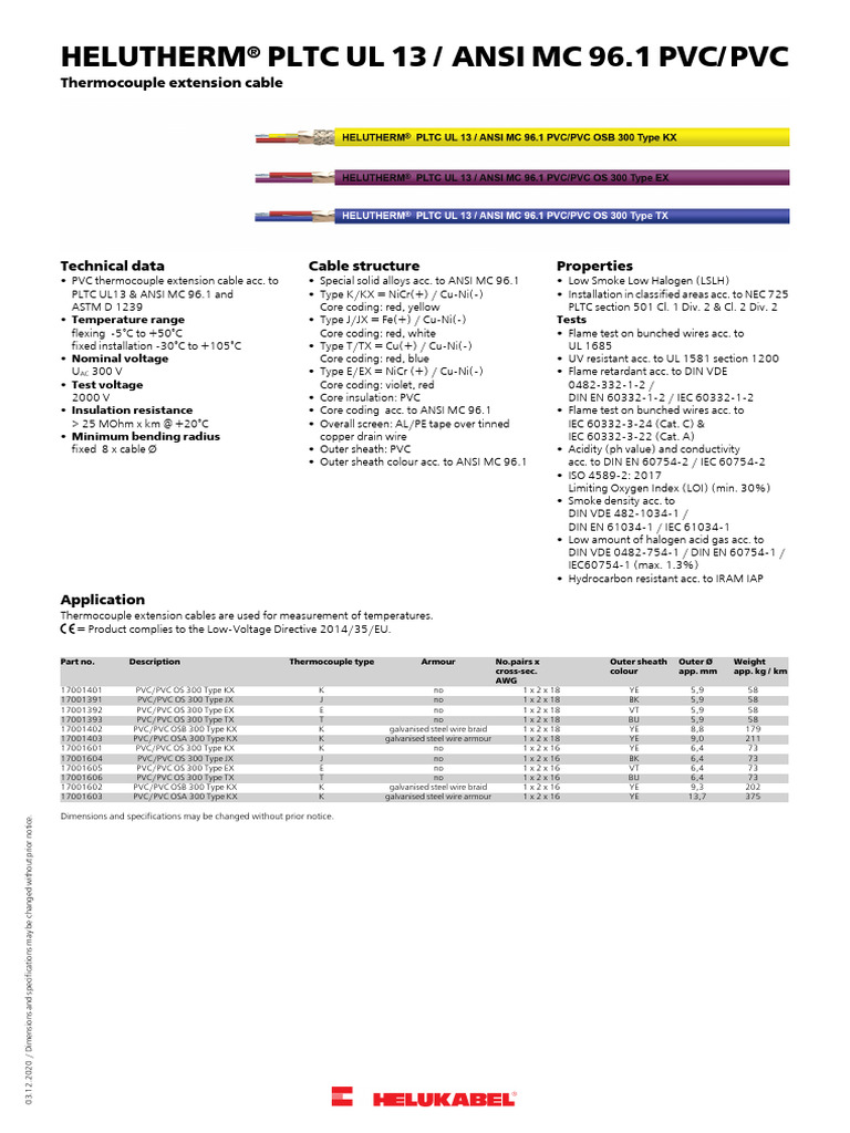 Helutherm® PLTC Ul 13 Ansi MC 96.1 PVCPVC | PDF | Thermocouple | Physical Sciences