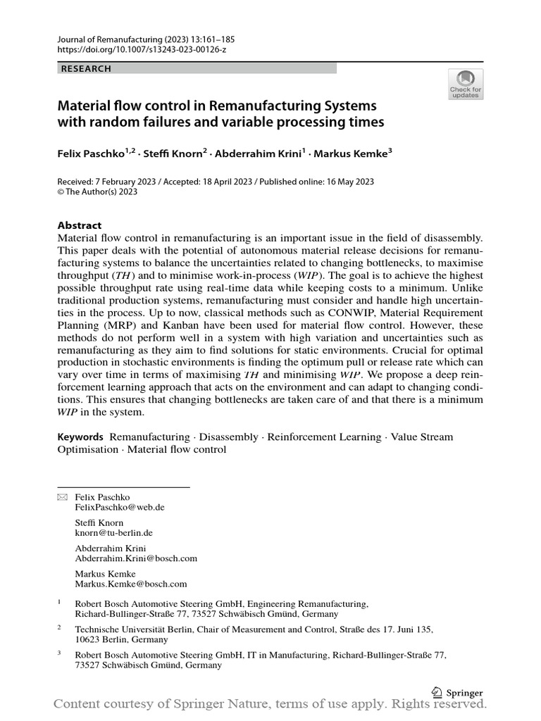 Material Flow Control in Remanufacturing Systems W | PDF | Mathematical ...