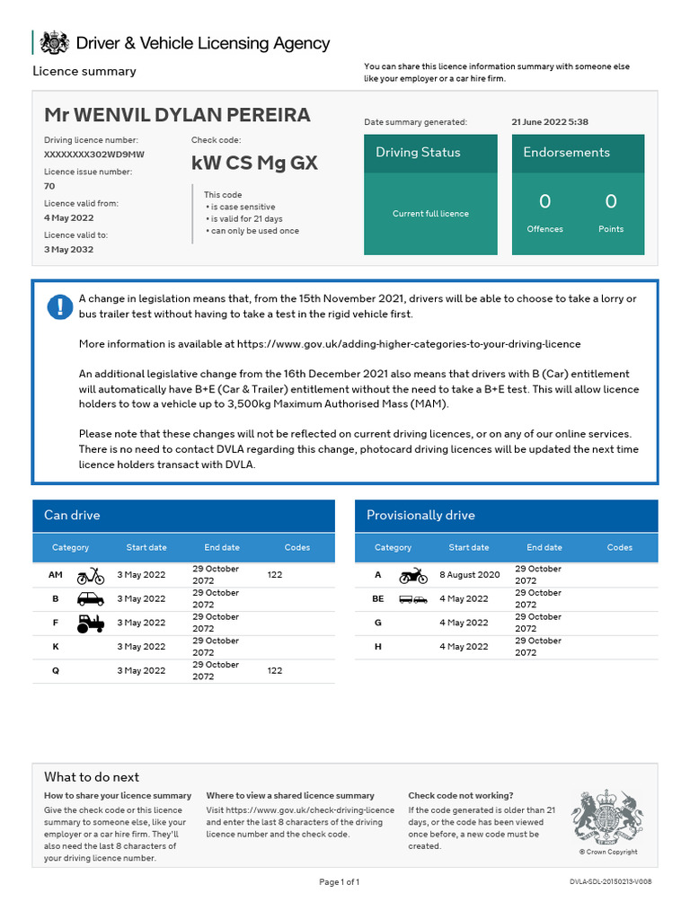 Driving Licence Summary | PDF | Vehicles | Land Vehicles