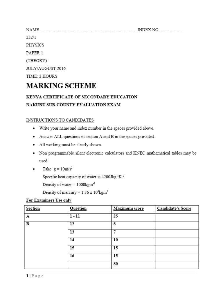 Physics Paper 1 Marking Scheme | PDF | Buoyancy | Gases