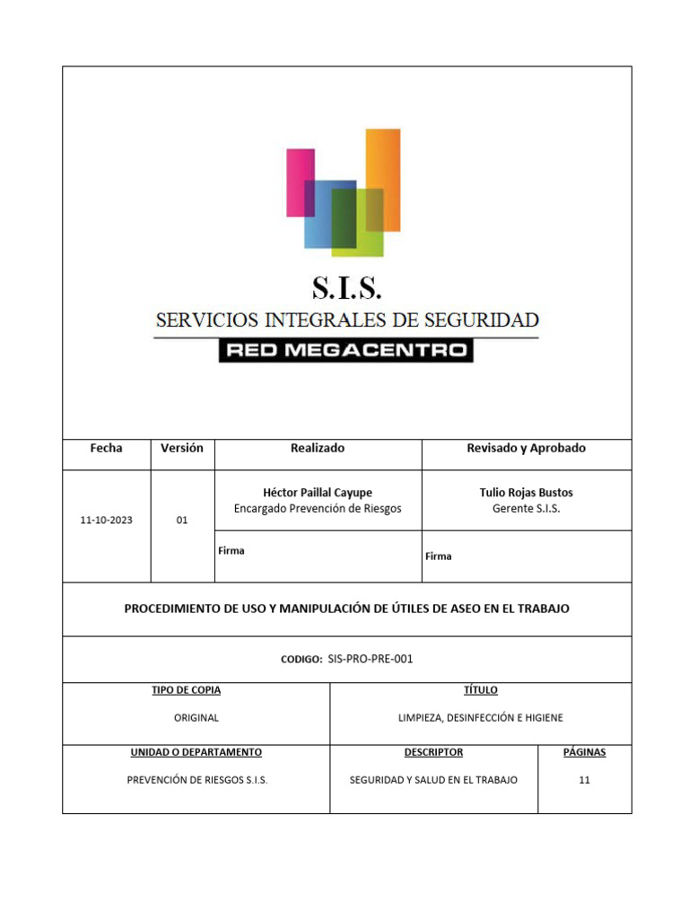 SIS-PRO-PRE-00__ PROCEDIMIENTO DE USO Y MANIPULACIÓN DE UTILES DE ASEO | PDF | Agua | Higiene