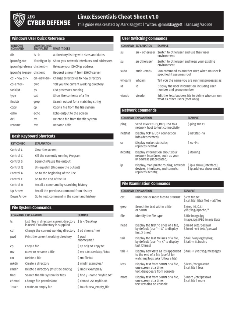 Sans Linux Essentials Cheat Sheet V10 Pdf Computer File Directory Computing 9133