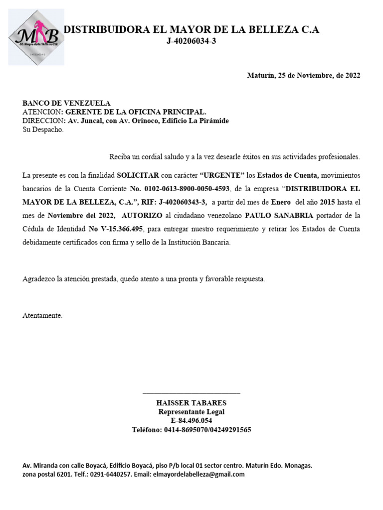 Carta Bco Vzla Solicitud Edo Cta | PDF | Bancario | Servicios financieros