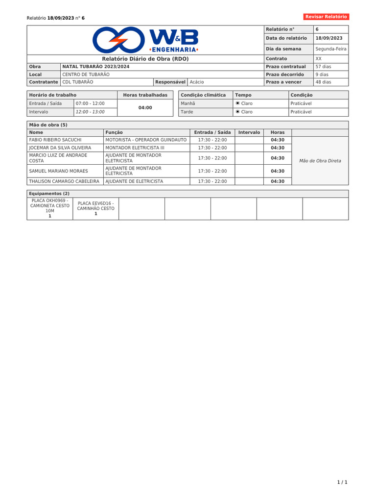 Relatório Diário de Obra (RDO) N 6 - 18-09-2023 | PDF Relatório Diário de Obra (RDO) N 6 - 18-09-2023 | PDF