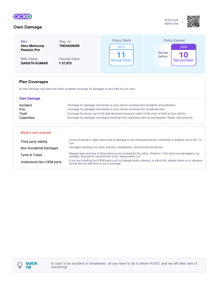 Acko Bike Policy - DBOR01082536161 - 00 | PDF | Insurance | Motorcycle